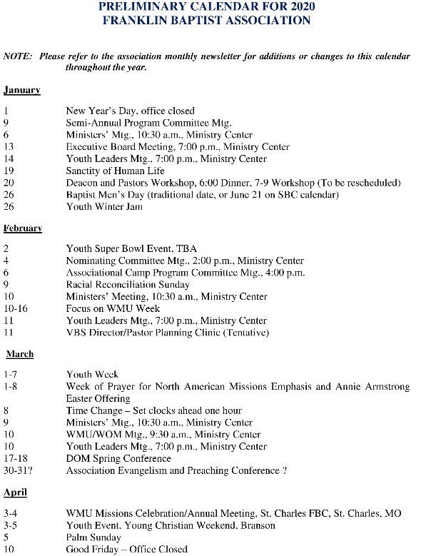 Calendar - Franklin Baptist Association