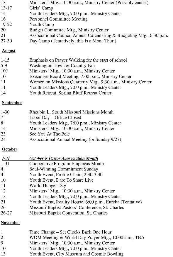 Calendar - Franklin Baptist Association